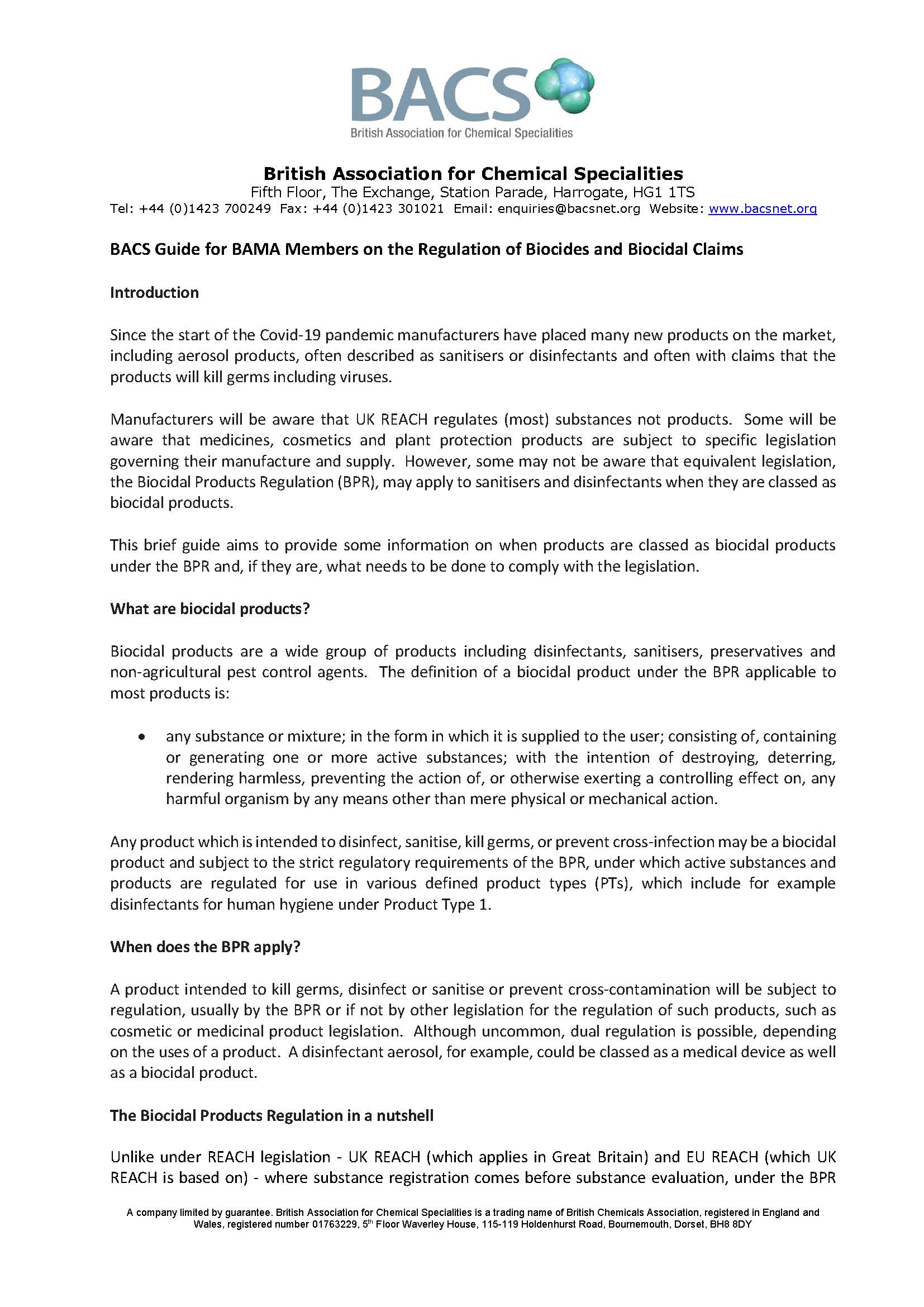 BACS Guide on the Regulation of Biocides and Biocidal Claims ...