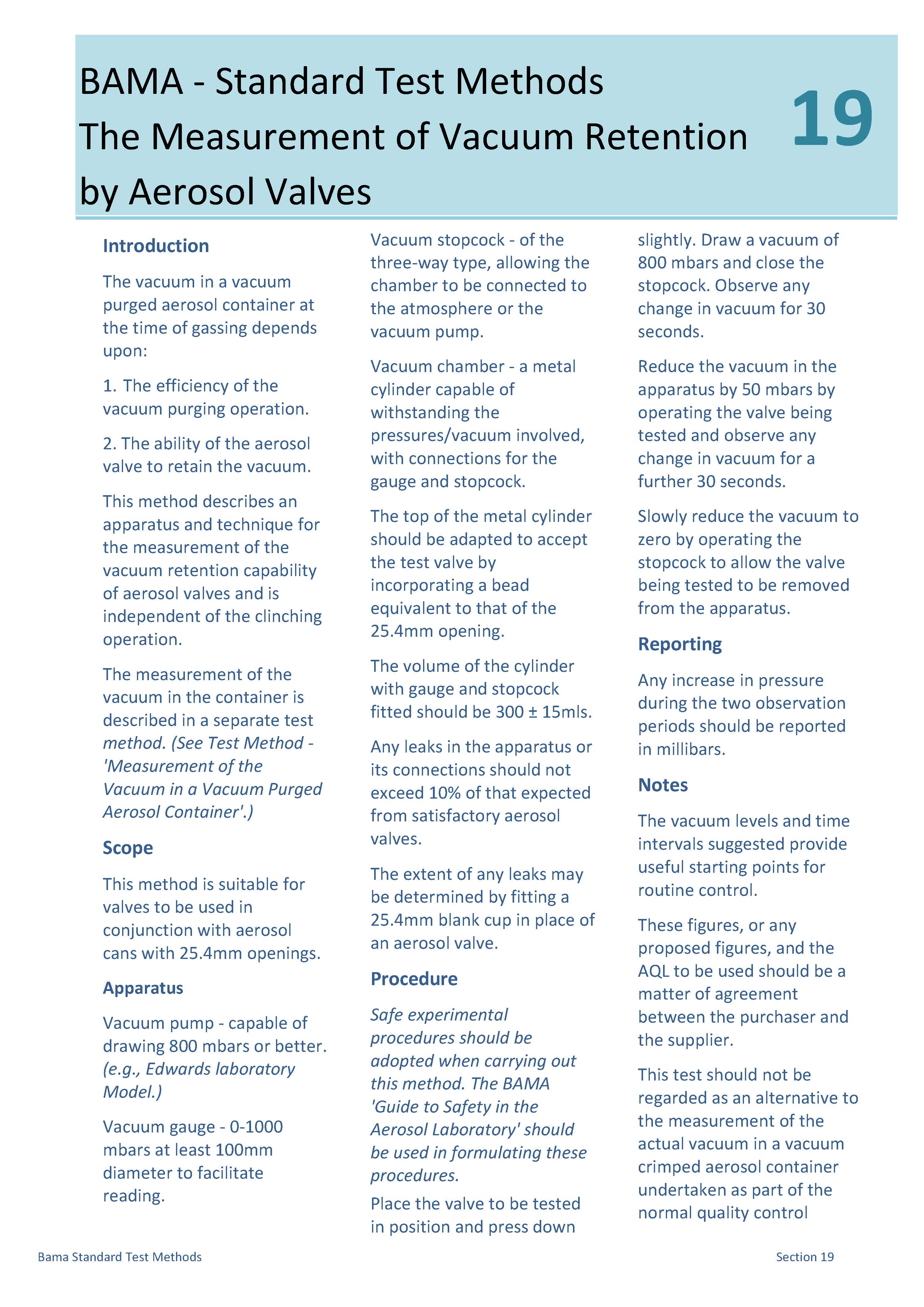 19 - The Measurement of Vacuum Retention by Aerosol Valves